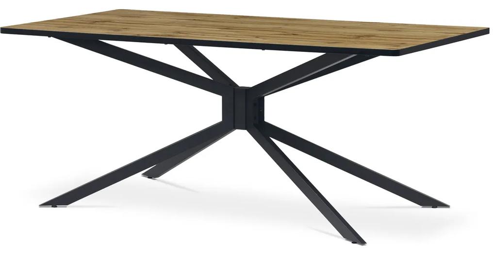 Jídelní stůl, 180x90x75 cm, MDF deska, 3D dekor divoký dub,  kovovová hvězdicová podnož, černý mat - HT-885 OAK