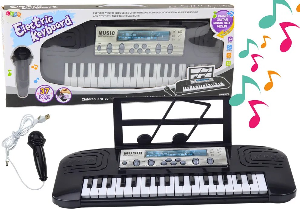 LEAN Toys Dětské elektrické piano s 37 klávesami, stojanem a mikrofonem, melodie, černé