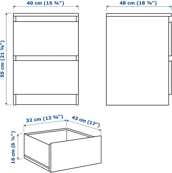 MALM Komoda se 2 zásuvkami, vzor zrcadlo, 40x55 cm