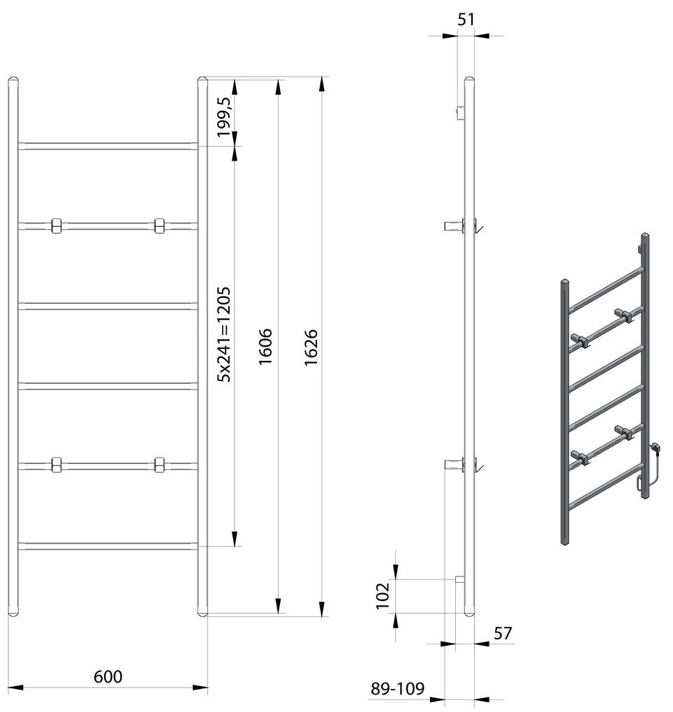 Sapho, BARBO elektrický sušák 600x1600 mm, 160 W, hranatý, černá mat, BB906