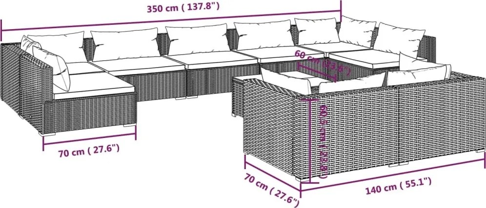 vidaXL 10dílná zahradní sedací souprava s poduškami polyratan [3102065] Barva: Černá a krémová