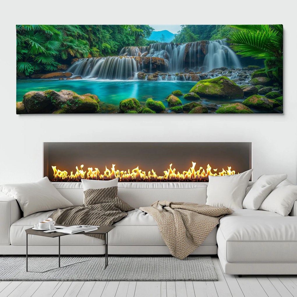 Obraz na plátně - Vodopády s mechovými kameny v džungli FeelHappy.cz Velikost obrazu: 60 x 20 cm