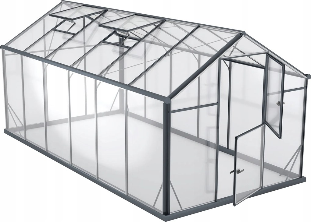 Skleník Glass L-10 Tvrzené Sklo 220x430x208 cm Antracit 9,5 m2 Skleněný