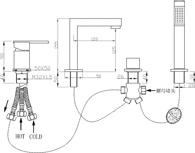 Mexen CUBE - vanová baterie 4-otvorová, Černá, 72932-70