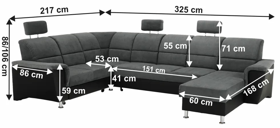 Kondela Sedací souprava, ekokůže černá / látka tmavě šedá, levá, SANTIAGO U