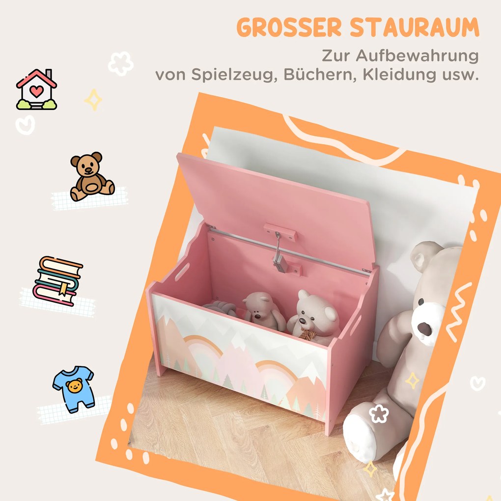 ZONEKIZ Úložný box s úložným prostorem, box na hračky s bezpečnostním závěsem víka, design roztomilých zvířátek, 60 x 37 x 39 cm, růžová barva