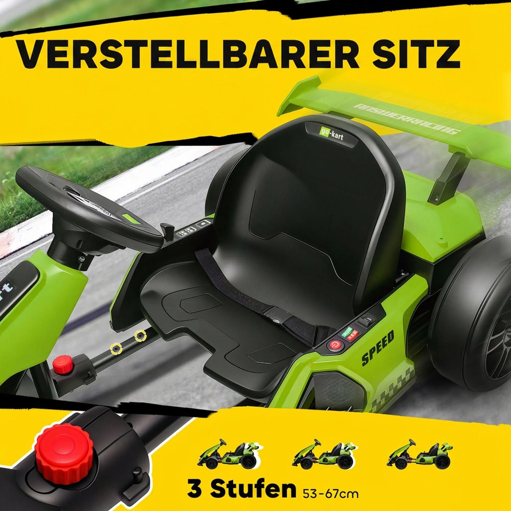 HOMCOM Elektrické Go-Kart pro Děti 6-12 Let 24V 6-12km/h s Nastavitelným Sedadlem, 2 Motory, Drift Go-Kart s Klaksonem, Světly a Hudbou, Zelené