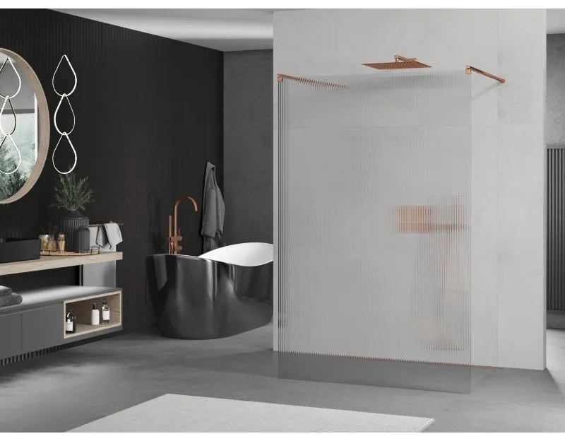 Mexen Kioto, sprchová zástěna Walk-In 100 x 200 cm, 8mm sklo s žebrovým vzorem, růžové zlato profil, 800-100-002-60-09