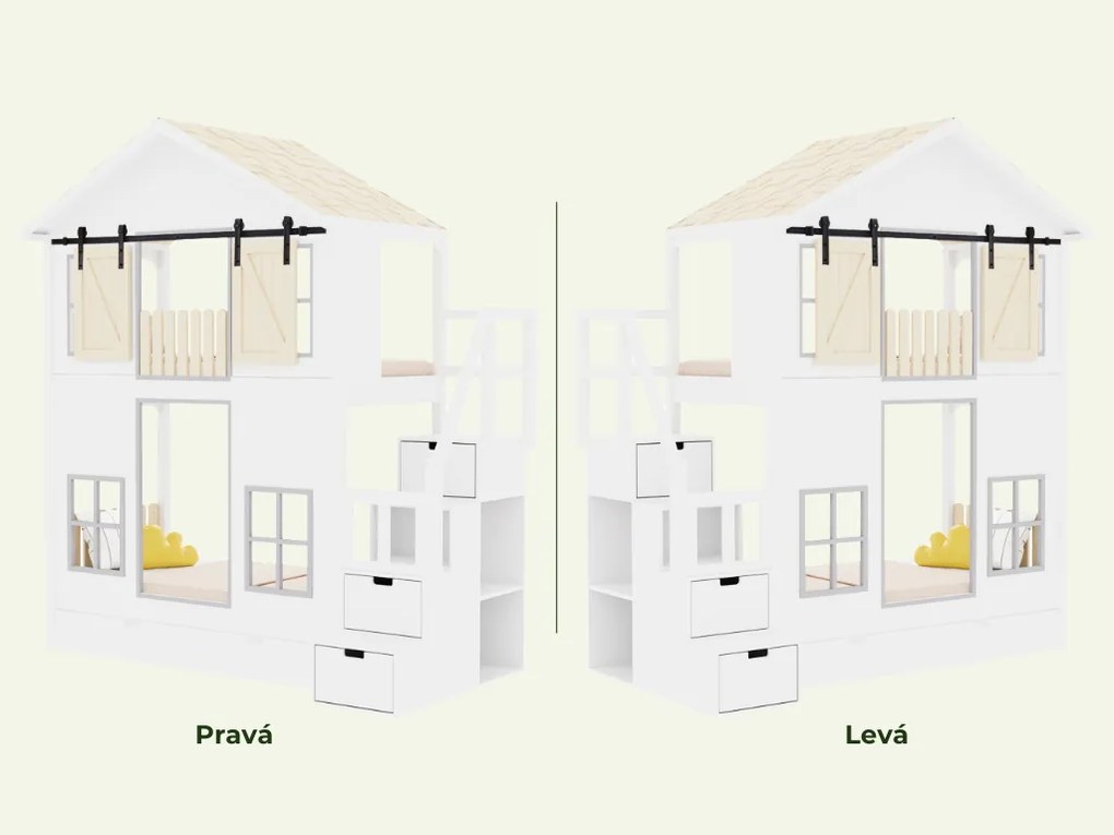 WoodPassion Domečková patrová postel REZIDENCE s úložnými schody 90x200 cm Zvolte barvu: Bílá - Přírodní, Zvolte šuplík: Přistýlka 90x190 cm, Zvolte stranu: Vlevo