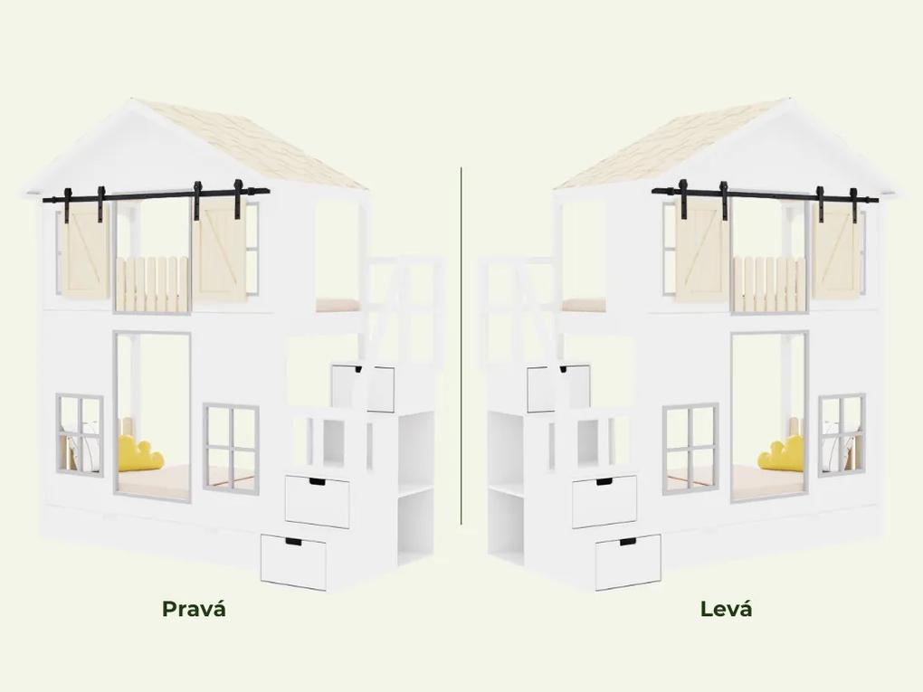 WoodPassion Domečková patrová postel REZIDENCE s úložnými schody 90x200 cm Zvolte barvu: Bílá - Přírodní, Zvolte šuplík: Úložný šuplík, Zvolte stranu: Vlevo