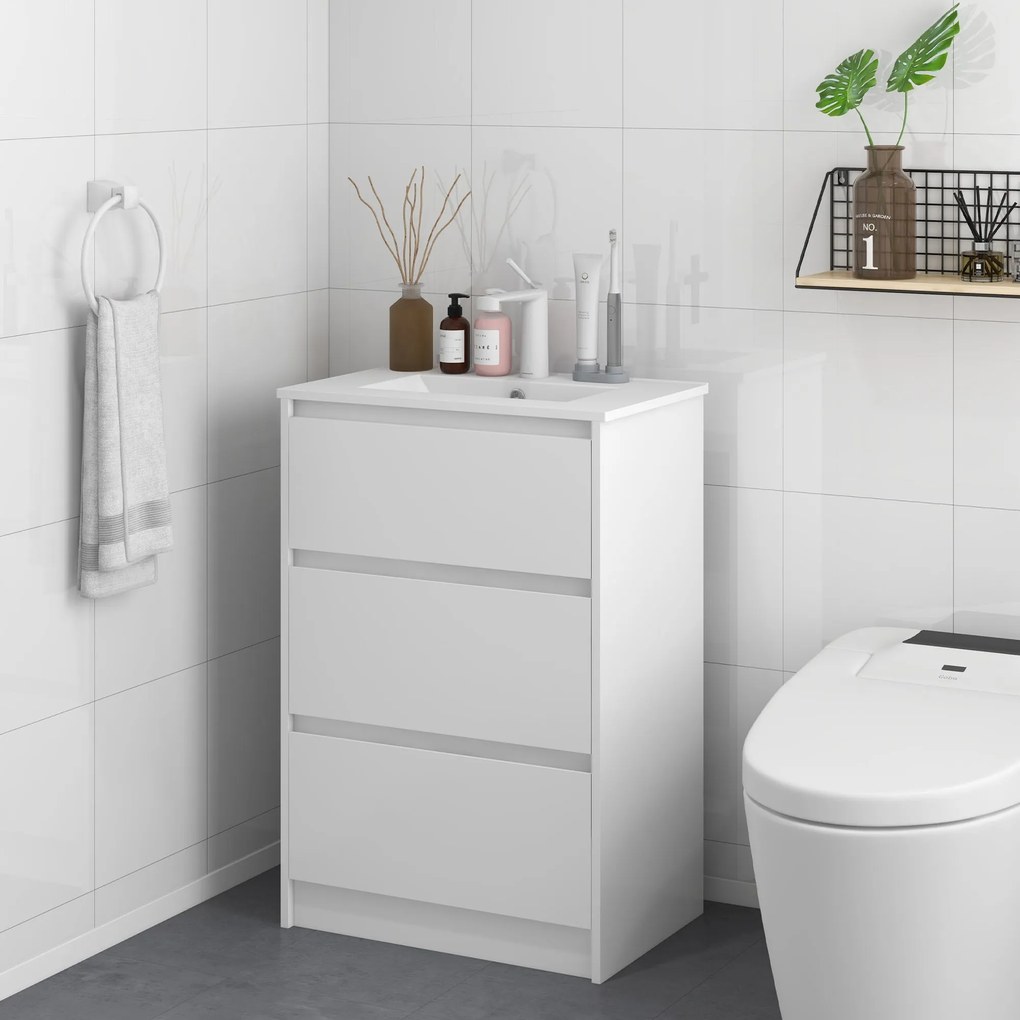 Kleankin koupelnová skříňka s umyvadlem - Umývací skříňka se syntetickým keramickým umyvadlem a 2 zásuvkami 61x37x88 cm Světlá bílá