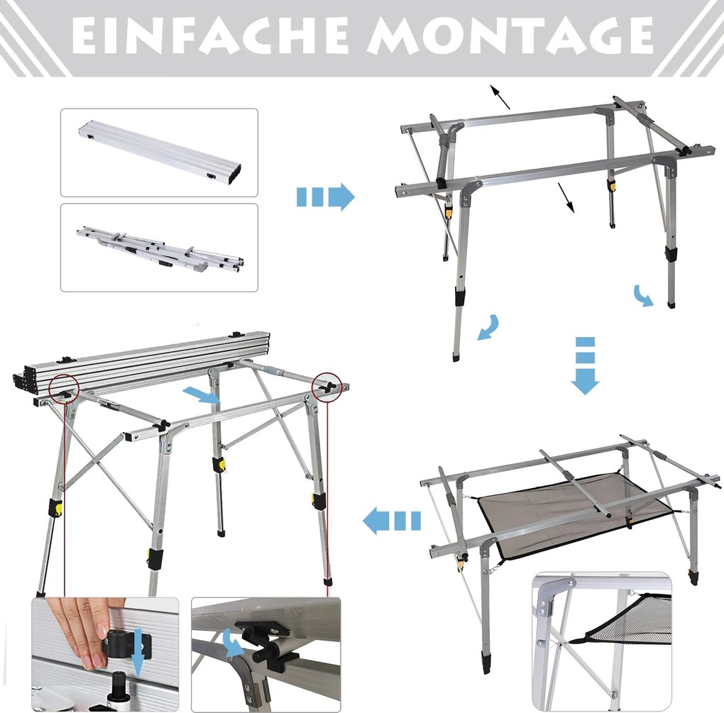 Piknikový skládací stůl, Skládací stůl, Výškově nastavitelný kempingový stůl, Včetně tašky na přenášení, Hliník, Stříbrná, 120 x 69 x 59-78 cm