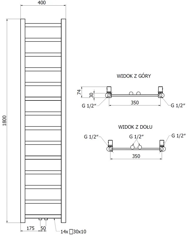 Mexen Bolt, topné těleso 1800 x 400 mm, 406 W, spodní a středové, antracitová, W126-1800-400-00-66