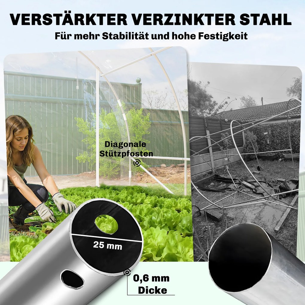 Outsunny Skleník Polytunnel, průchozí skleník s pozinkovaným ocelovým rámem a krytem z PE odolným proti UV záření, průhledný 84H-443V01CR