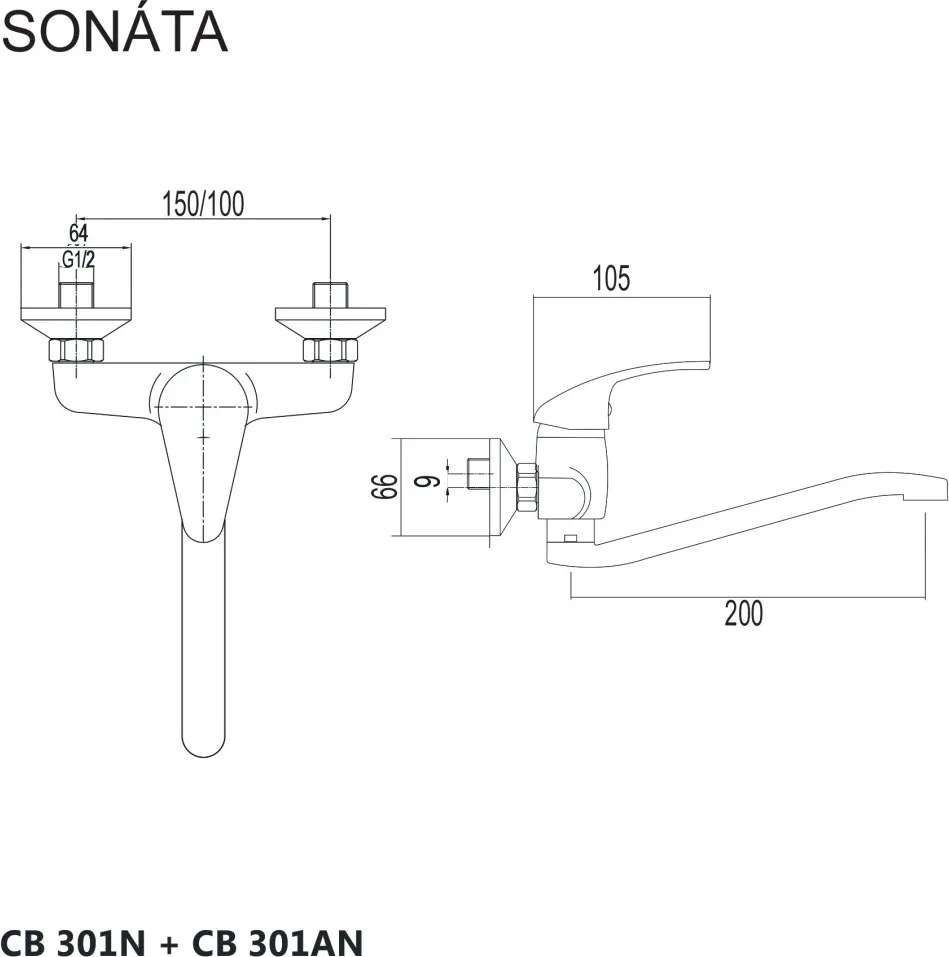 Mereo Mereo, Dřezová nástěnná baterie, Sonáta, s ramínkem plochým vyhnutým 210 mm, chrom, CB301N