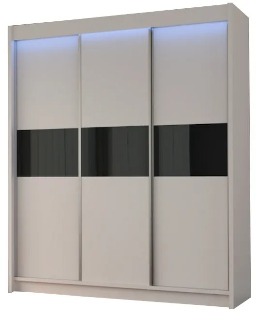 Skříň s posuvnými dveřmi TANNA, bílá/černé sklo, 180x216x61
