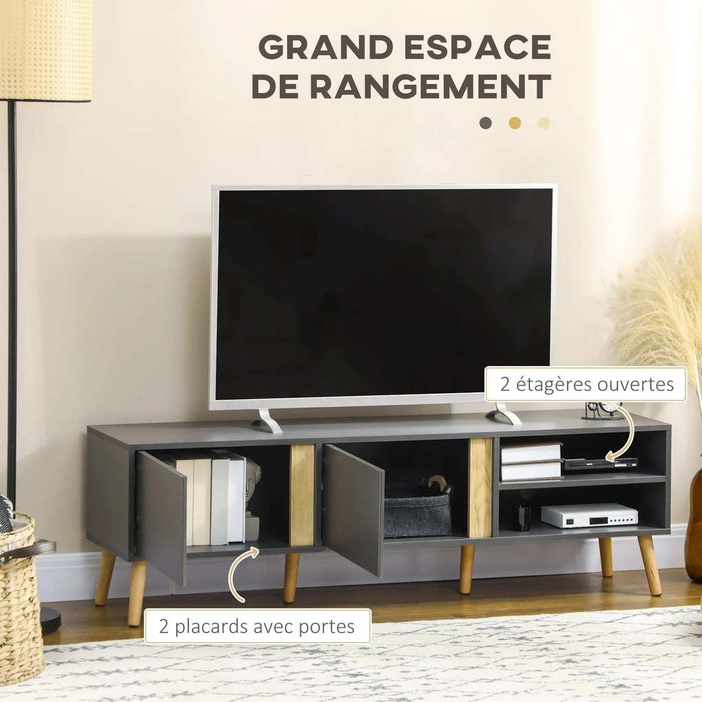 HOMCOM TV Stánek pro televizory do 55 palců, skandinávský design, 2 dveře, 2 police s vedením kabelů, 150 x 35 x 45 cm, tmavě šedá
