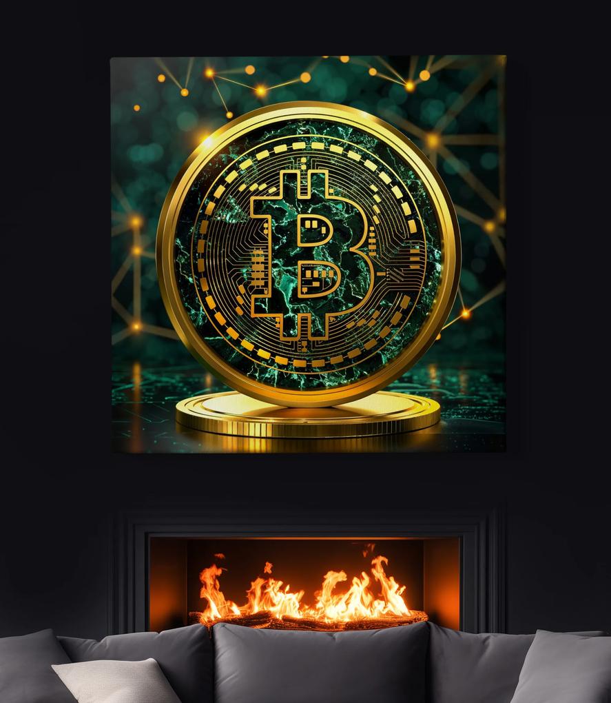 Obraz na plátně - Bitcoin, zářící zlatý emerald FeelHappy.cz Velikost obrazu: 40 x 40 cm