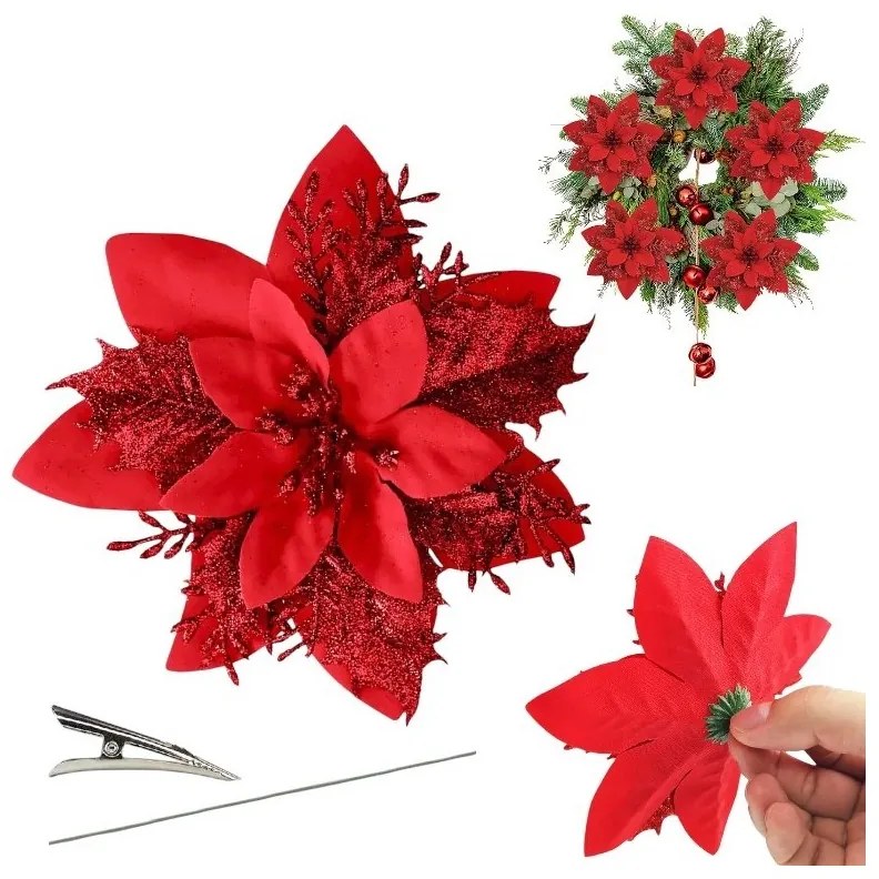 Flamenco Mystique Květina na vánoční stromek s klipem vánoce xxl 14 cm červený třpyt woz04cze.