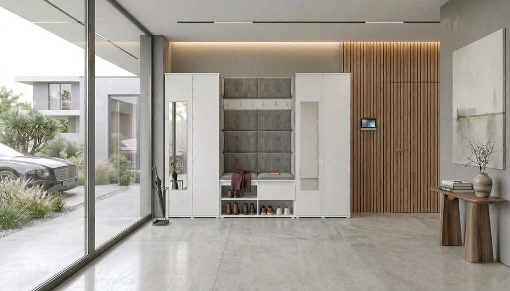 Předsíňová stěna Trinity 10 s čalouněnými panely, 280 cm, bílá / pastelově růžová