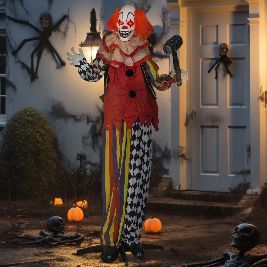 Outsunny Hrůzostrašný klaun, animatronika na Halloween, 173 cm, svítící oči, aktivace zvukem, pohyblivé paže a hlava, na baterie, plast, kov, červená