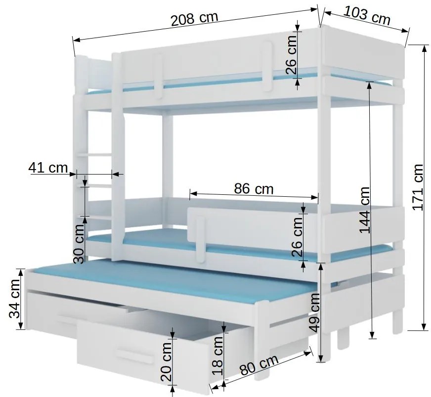 ADRK Rozkládací patrová postel ETAPO, CH-Eta-OLCH+G-208+M-E144, 200x90 cm s matrací, olše/světle šedá