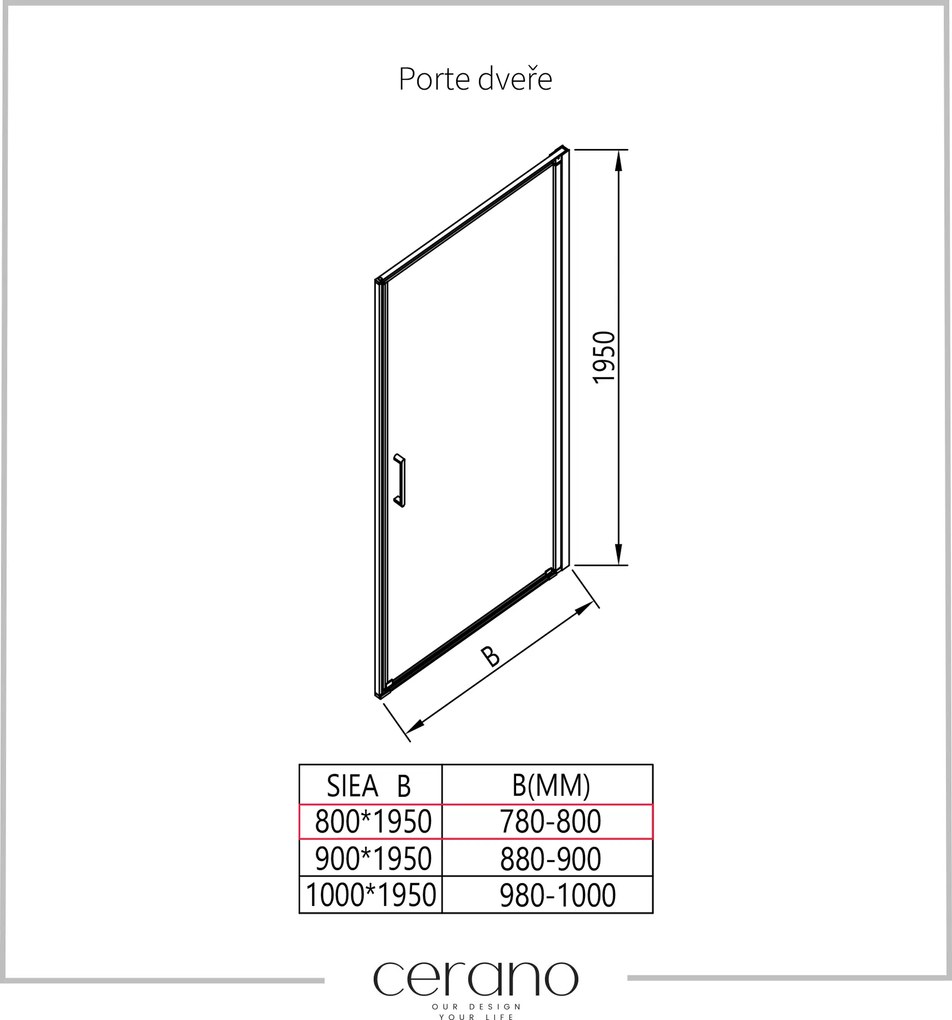 Cerano Porte, 1-křídlé sprchové dveře 80x195 cm, 8mm čiré sklo, černý profil, CER-CER-413486