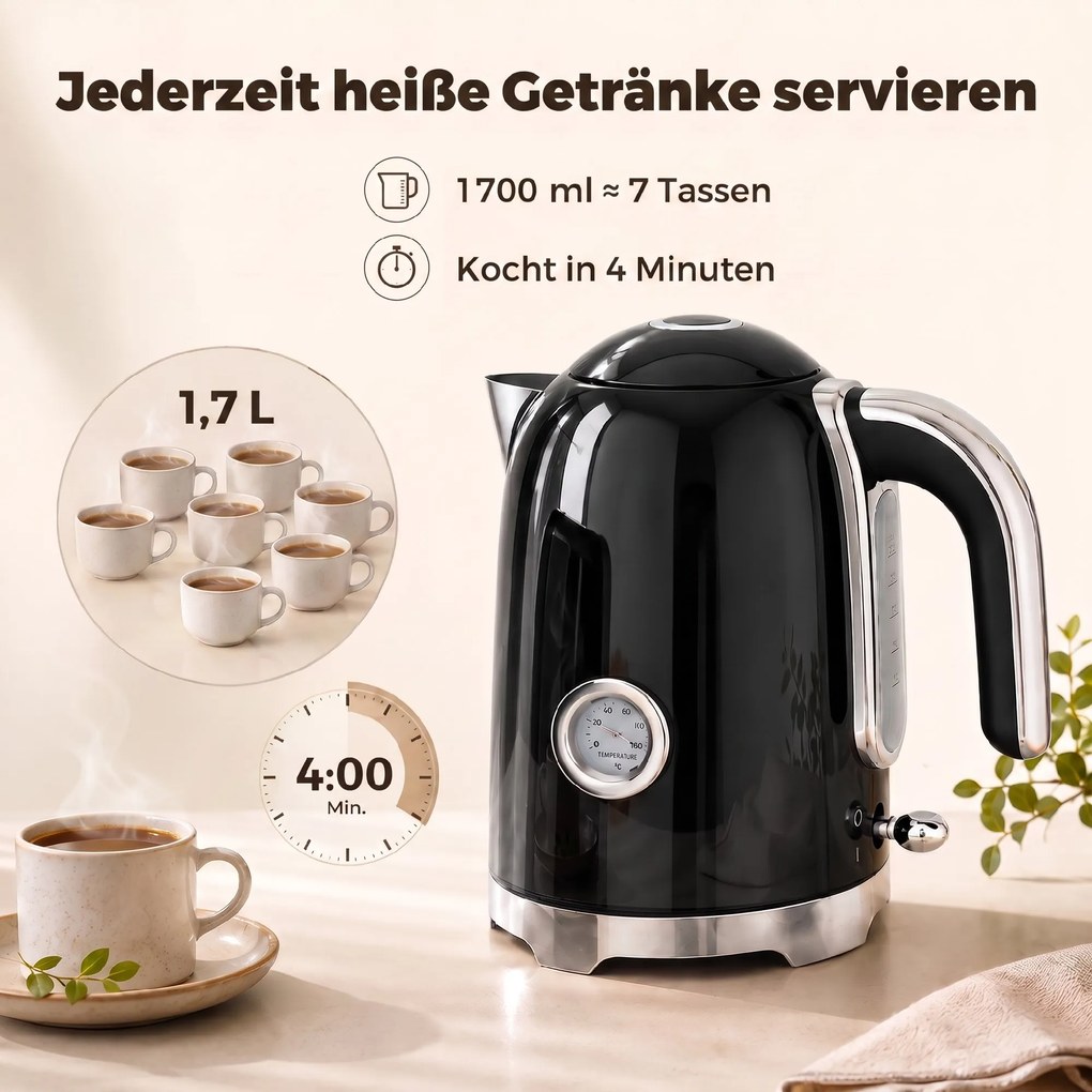 HOMCOM Sada konvice a toustovače s teploměrem, 1,7 l, 2200 W konvice, dvouštěrbinový toustovač se 7 stupni opečení