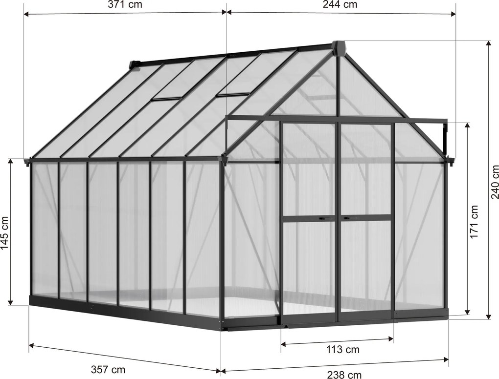 Skleník 240 x 244 x 371 cm, zesílená konstrukce, polykarbonát 6 mm