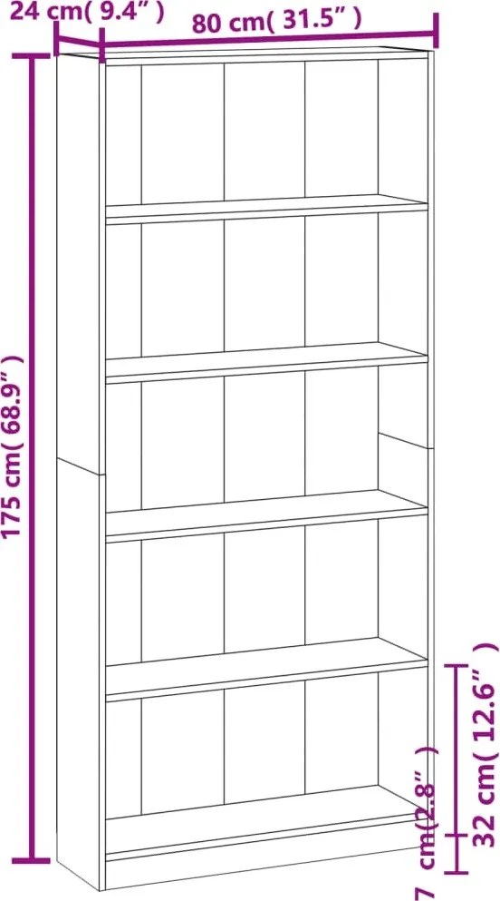 vidaXL 5patrová knihovna 80 x 24 x 175 cm kompozitní dřevo [815393] Barva: hnědý dub