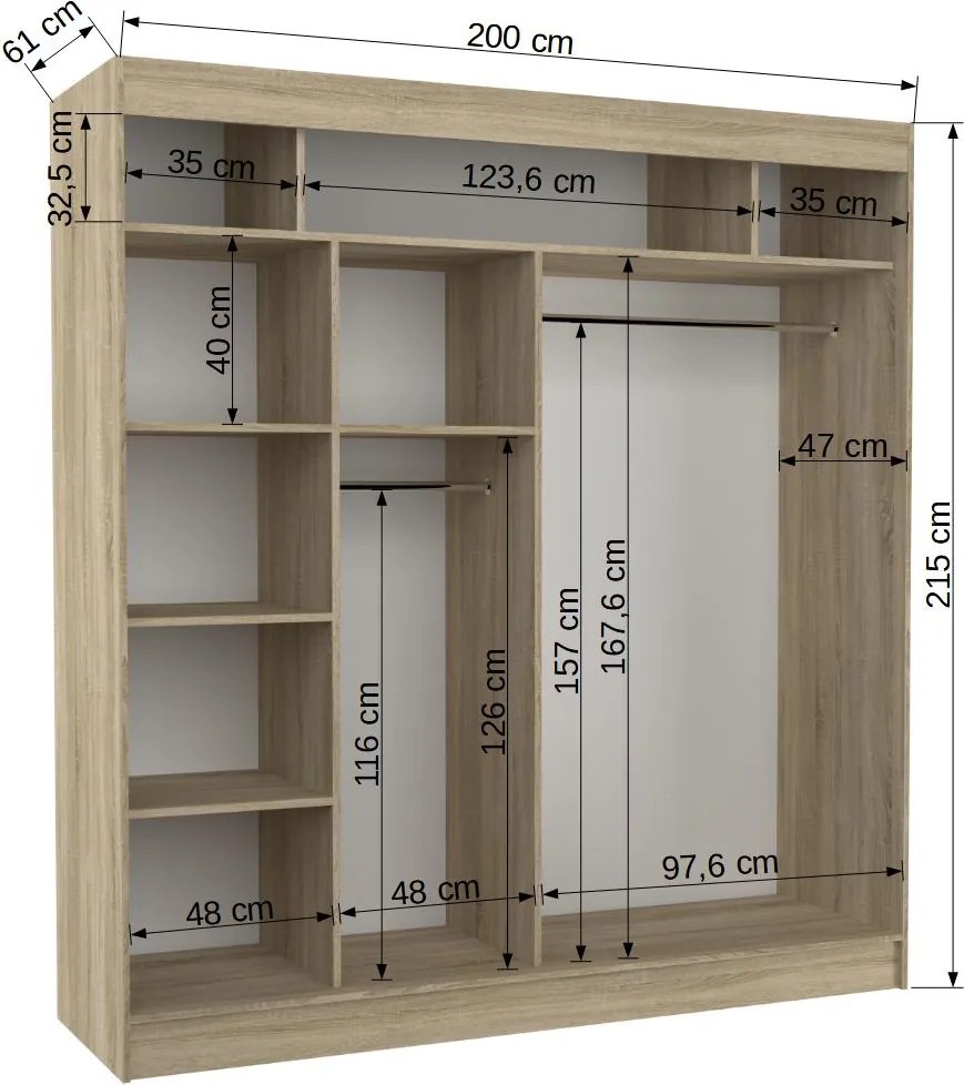 ADRK Furniture Posuvná skříň se zrcadlem a lacobelem TOURA 200 ADRK-SW-TOU-SCHL-200