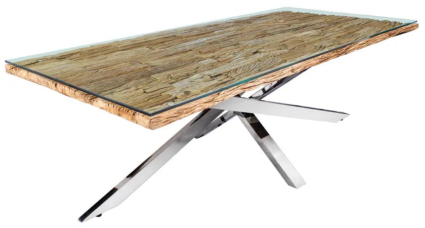 Massive home | Jídelní stůl BARRACUDA 220 CM sklo/masiv teak