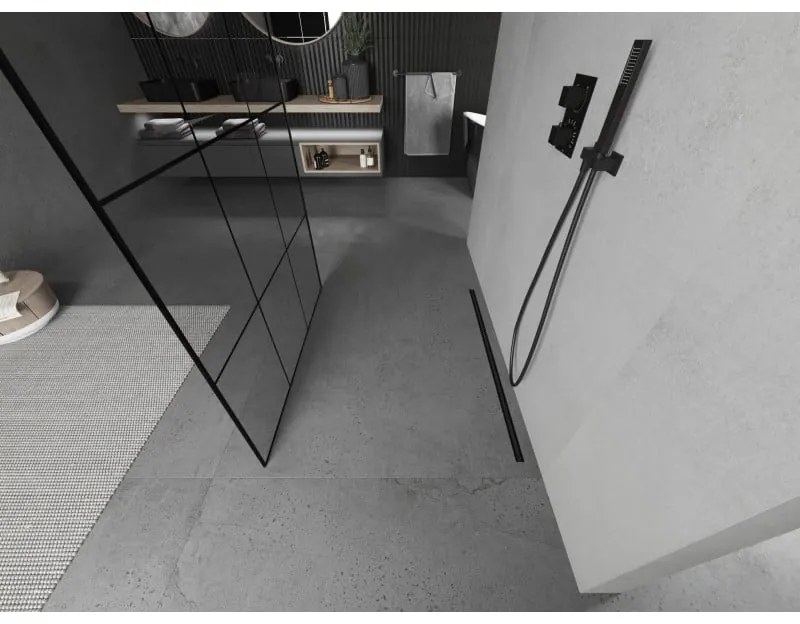 Mexen Kioto, průchozí sprchová zástěna 100 x 200 cm, 8mm sklo čiré/černý vzor, 2x černá stabilizační rozpěra, 800-100-002-70-77