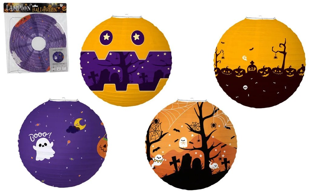 Lampion koule Halloween papír průměr 30 cm v sáčku (bez hůlky) 4 druhy (1 ks)