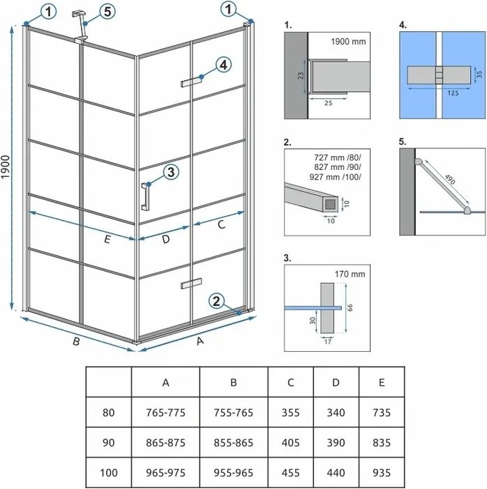 Rea Molier Black, sprchový kout se skládacími dveřmi 100(dveře) x 80(stěna), 6mm čiré sklo, černý profil, KPL-K0963
