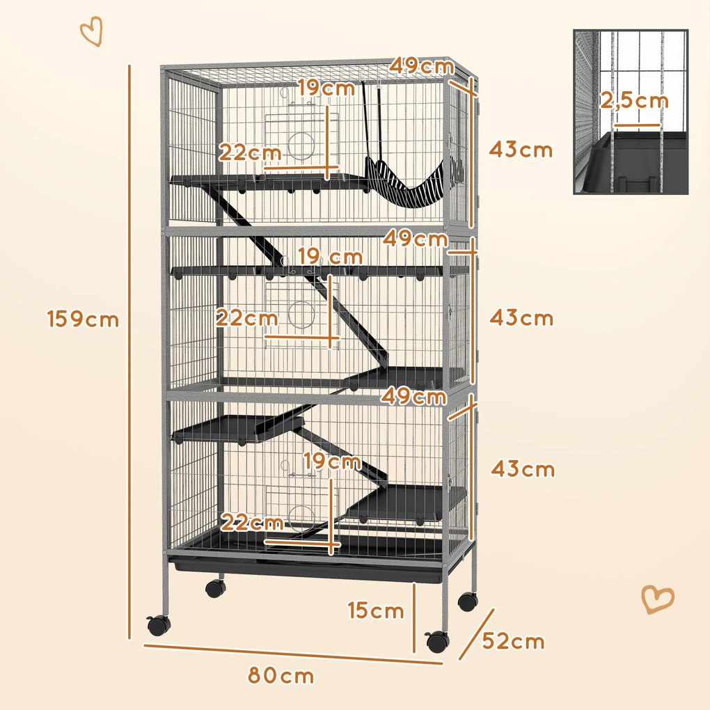 Pawhut Multifunkční klec pro hlodavce se 4 platformami, 3 rampami a 4 dvířky, rozměry 80L x 52W x 159H cm, šedá, stříbrná, černá, ocel