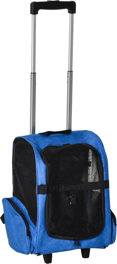 PawHut přepravka pro domácí zvířata 2 v 1 - Kola a batoh s teleskopickou hliníkovou rukojetí a úložnými kapsami 42x25x55 cm Modrá
