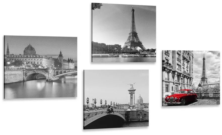 Set obrazů Paříž s retro červeným autem