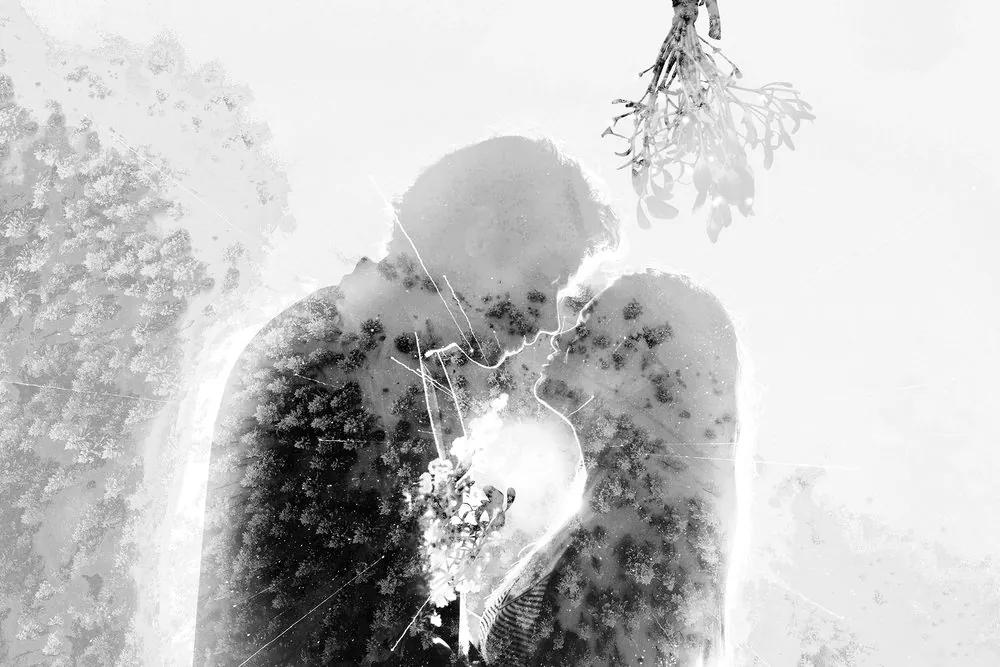 Obraz zamilovaný pár pod jmelím v černobílém provedení Varianta: 120x80