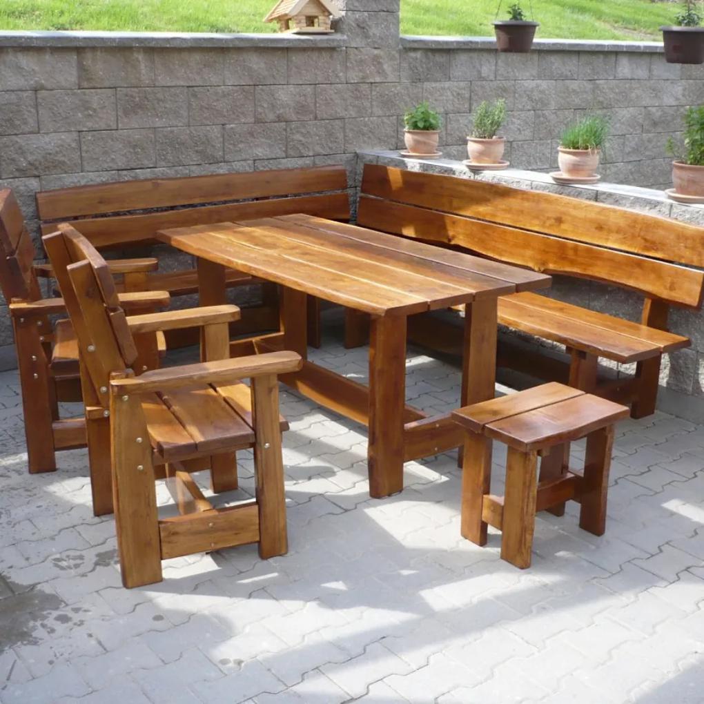 KULHÁNEK Zahradní dubová sestava - stůl, 2x křeslo, 1x stolička, 1x rohová lavice (rustikální provedení) Odstín nátěru: lazura - teak
