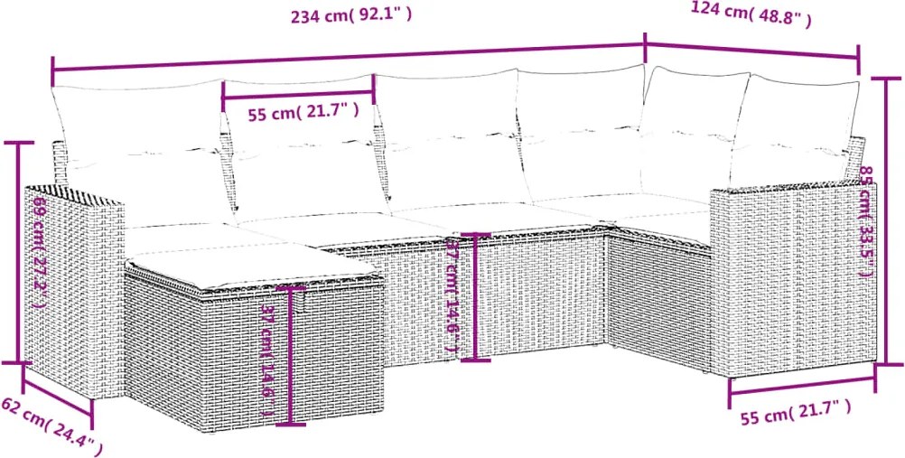 6dílná zahradní sedací souprava a podušky světle šedá polyratan 3263488