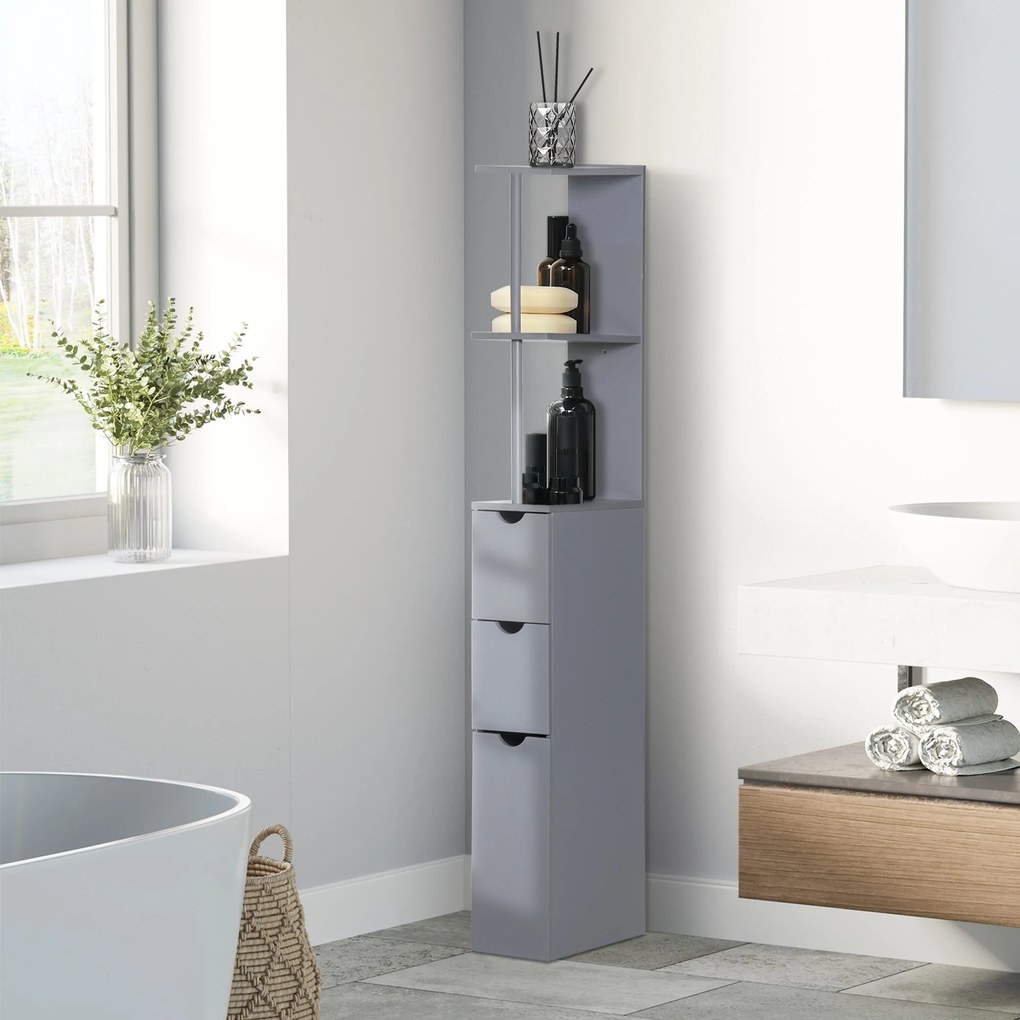 HOMCOM Moderní sloupcový koupelnový kabinet s 2 policemi, 2 zásuvkami a 1 bezpečnostním dvířkami 15x33x136,5 cm Šedý