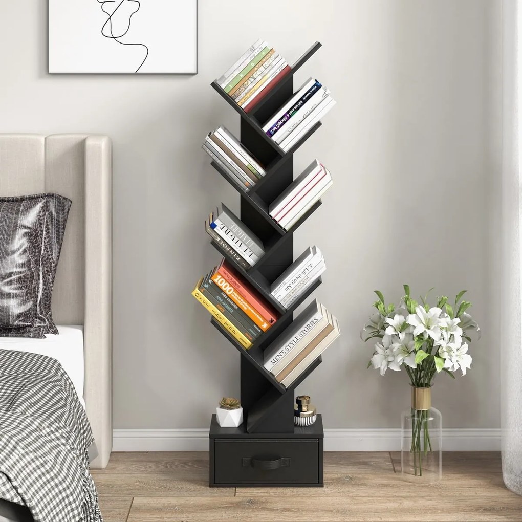 Costway Knihovna 10 Tier Tree Book se zásuvkou na podlaze stojícím úložným