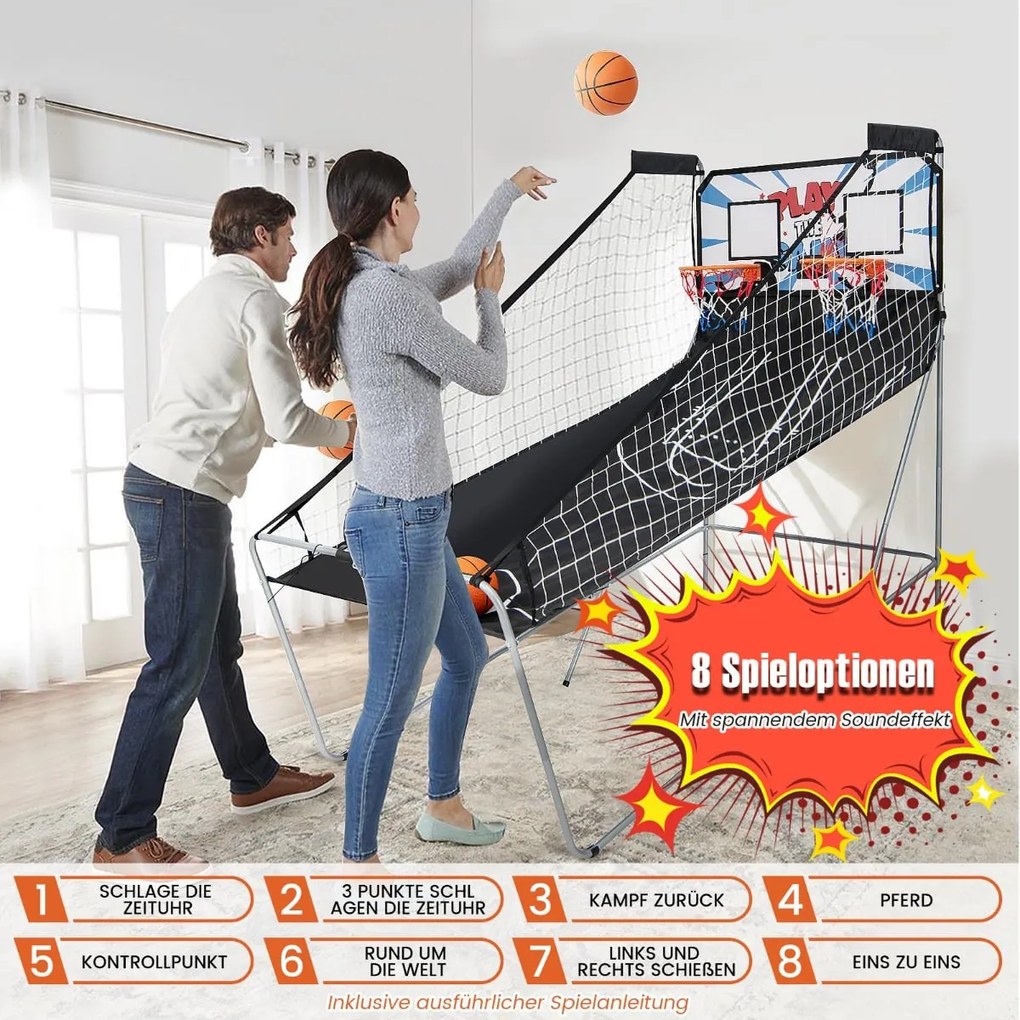 Costway Basketball Machine Skládací basketbalová arkádová hra se 2 košíky, černý
