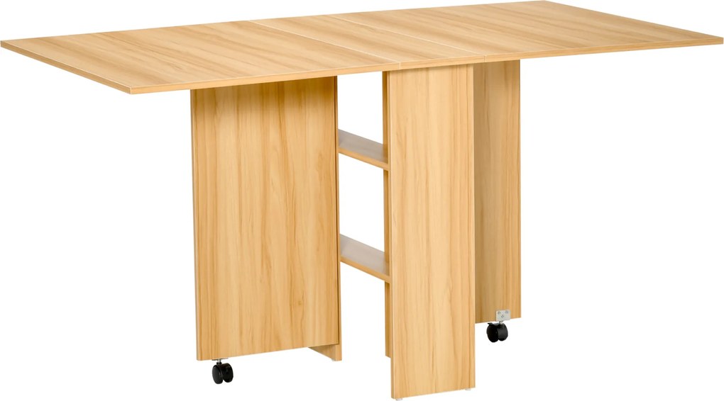 HOMCOM Skládací Jídelní Stůl s Kolečky a Sklopnými Křídly pro 4-6 Osob 80x140x74cm Přirozené Dřevo