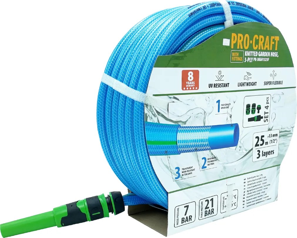 Procraft PR-3KGH1325F - modrá zahradní hadice, 3-vrstvá, 1/2", 25m, s příslušenstvím