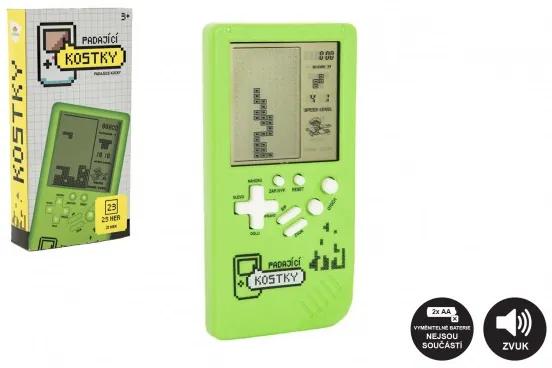Digitální hra Padající kostky hlavolam plast 7x14cm zelená na baterie se zvukem v krabičce 7,5x14,5