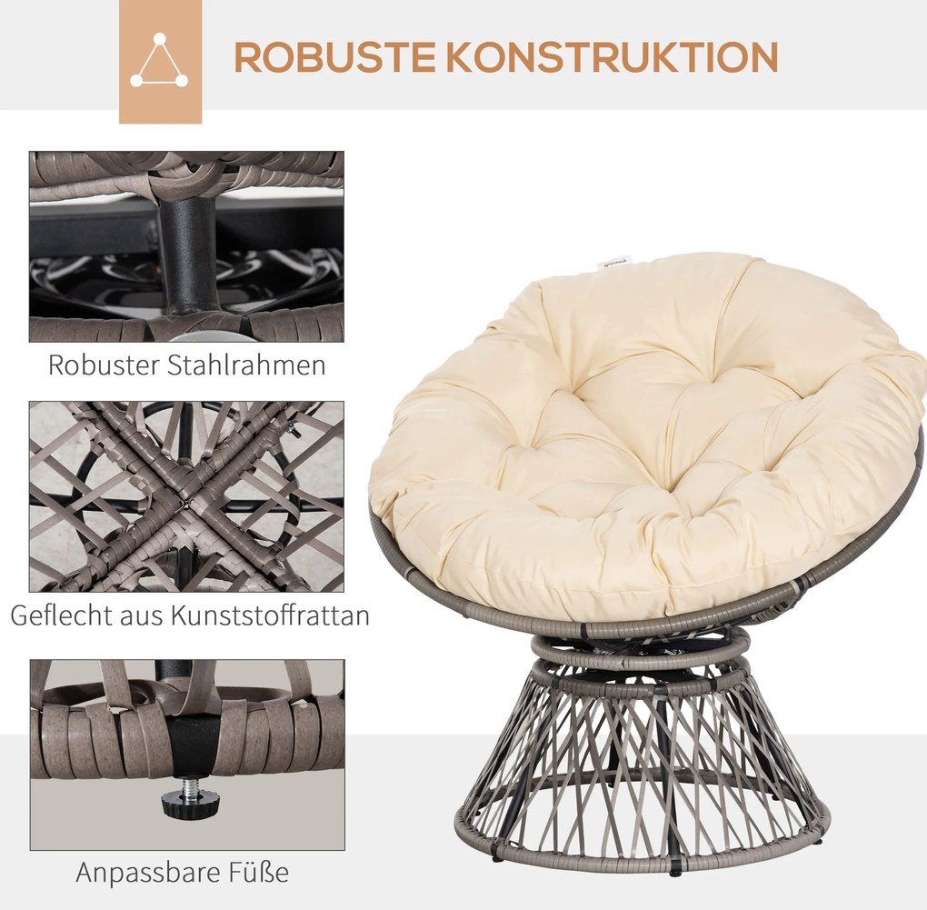 Outsunny papa křeslo Proutěné křeslo 360° polohovatelná skořepina se sedákem z umělého ratanu a kovovým rámem 87 x 97 x 86 cm Cream | Aosom.de