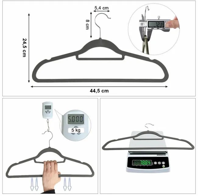 Věšáky na oblečení sametové, grafitové 10 ks