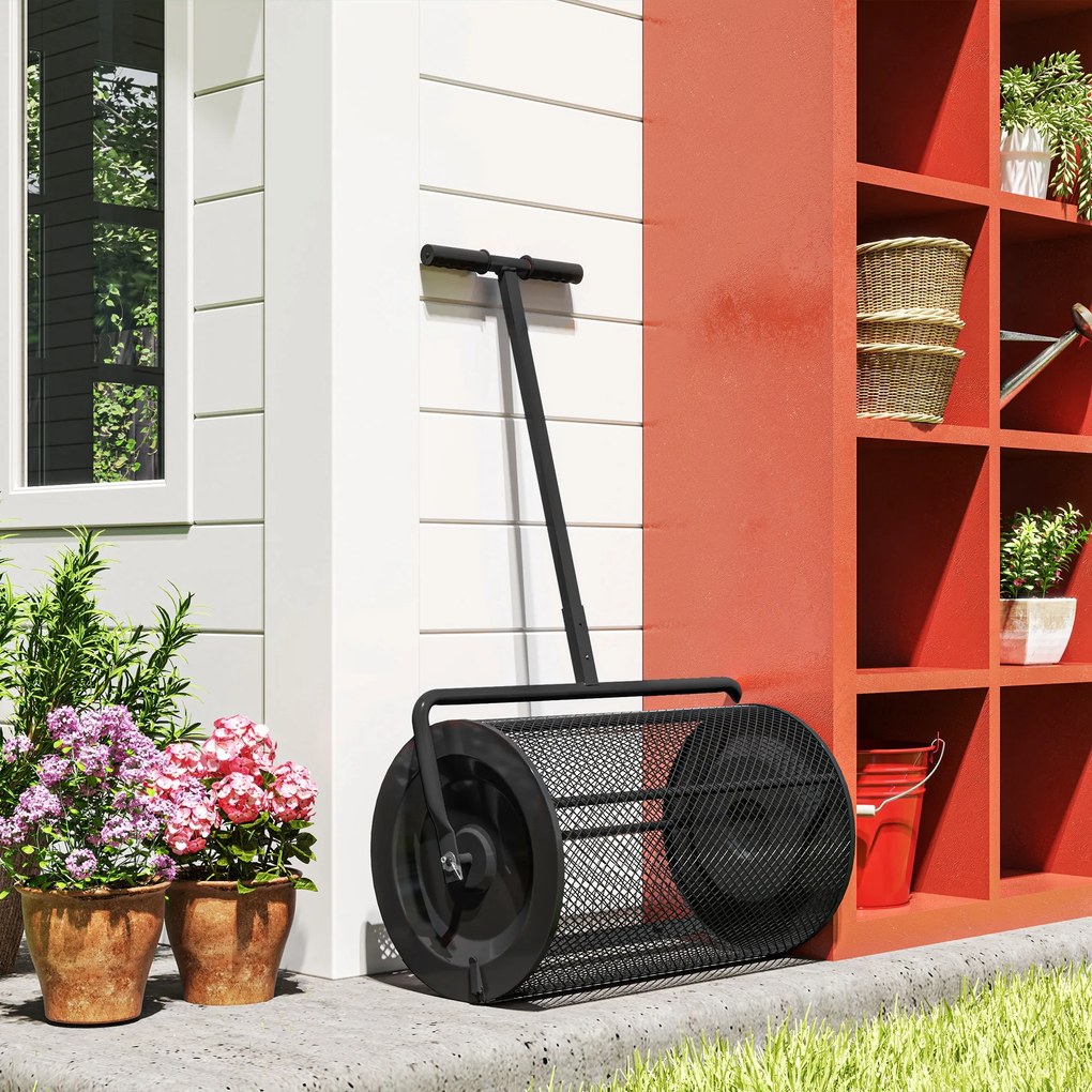 Kompostér Outsunny 75L 61x40cm - Rozmetadlo hnojiv pro zahradu s T-rukojetí, kovová síťka a rozmetadlo pro rašelinu